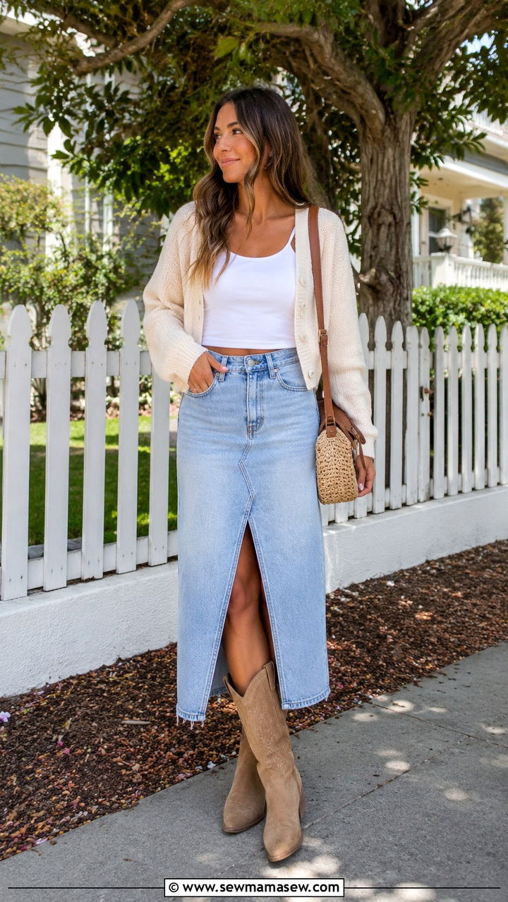 30 Midi Skirt Outfit Ideas With Boots for Fall Looks