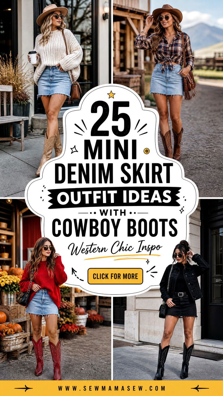25 Mini Denim Skirt Outfit Ideas With Cowboy Boots to Try